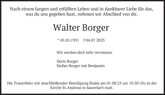 Traueranzeigen von Walter Borger | trauer.merkur.de