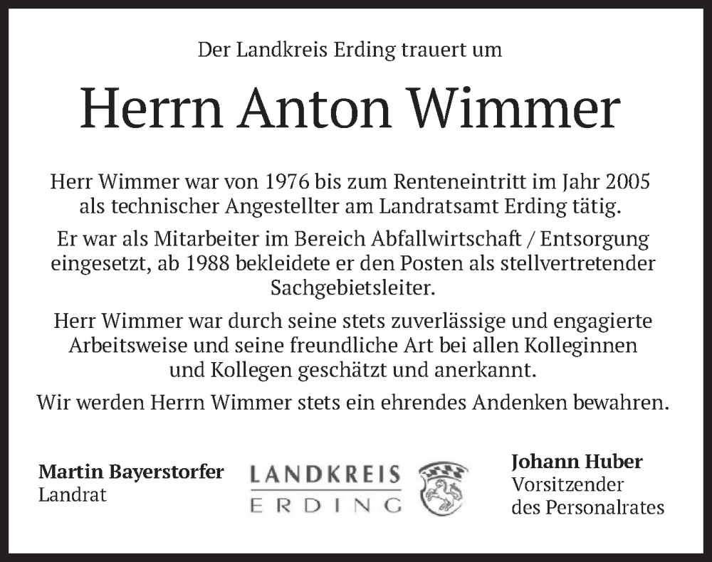 Traueranzeigen von Anton Wimmer | trauer.merkur.de