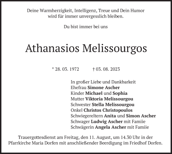Traueranzeigen von Athanasios Melissourgos | trauer.merkur.de