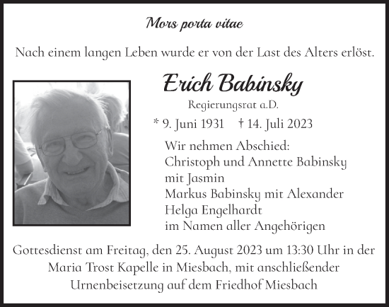 Traueranzeigen von Erich Babinsky | trauer.merkur.de