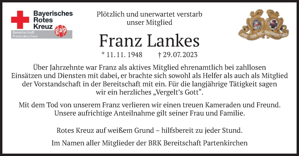 Traueranzeigen von Franz Lankes | trauer.merkur.de