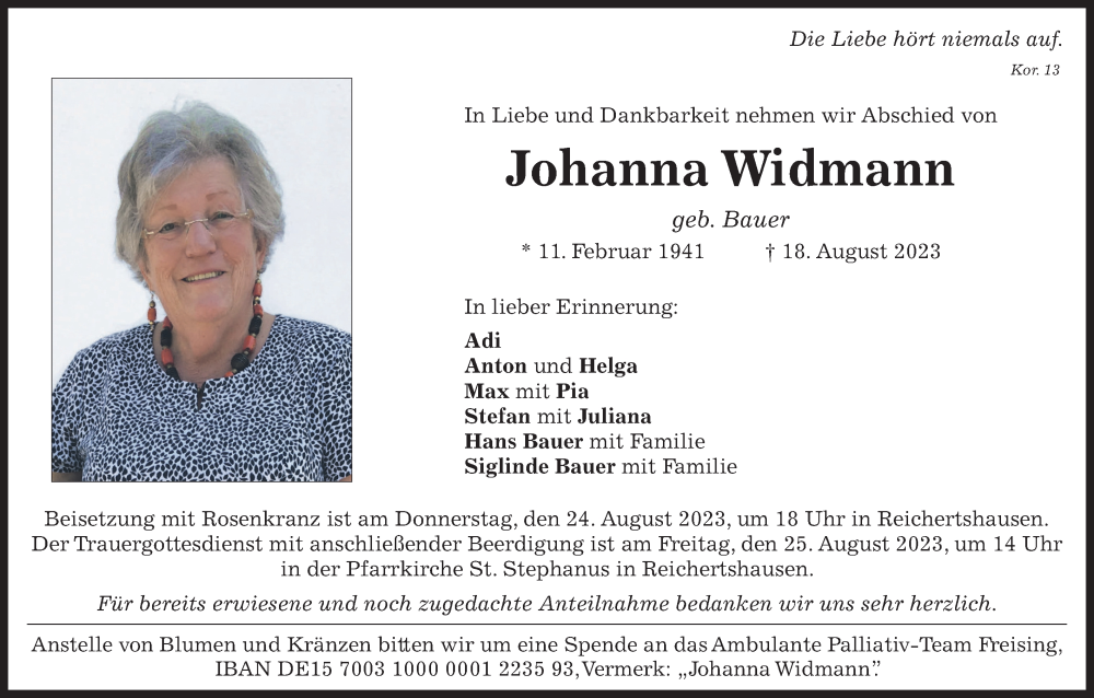Traueranzeigen von Johanna Widmann | trauer.merkur.de