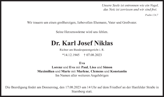 Traueranzeigen von Karl Josef Niklas | trauer.merkur.de