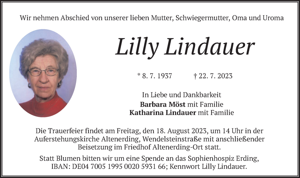 Traueranzeigen von Lilly Lindauer | trauer.merkur.de