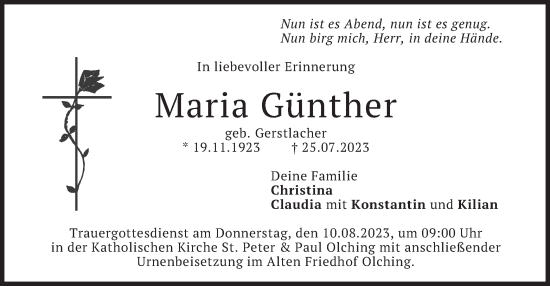 Traueranzeigen von Maria Günther | trauer.merkur.de