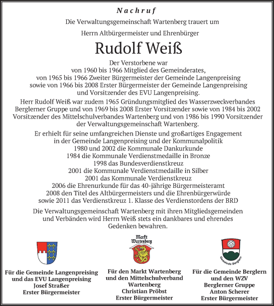 Traueranzeigen von Rudolf Weiß | trauer.merkur.de