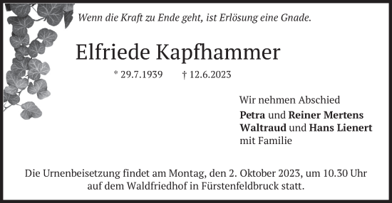 Traueranzeigen von Elfriede Kapfhammer | trauer.merkur.de