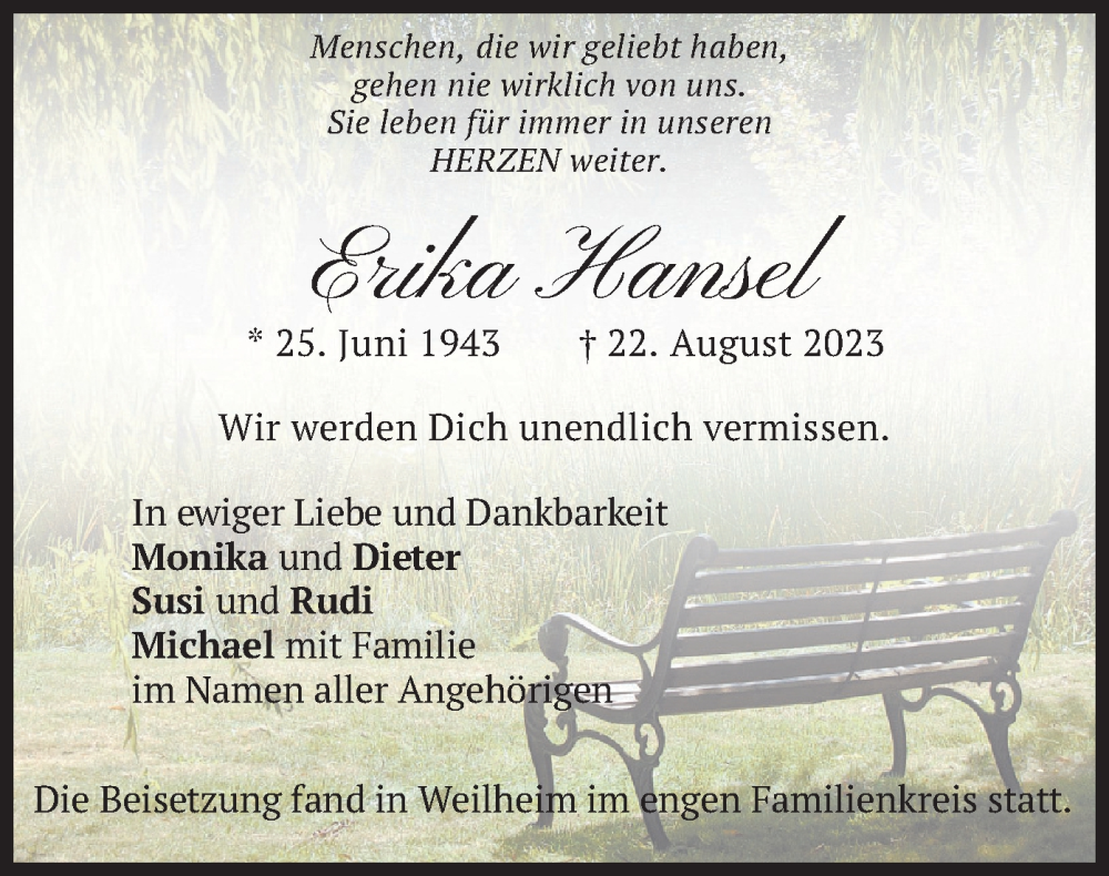 Traueranzeigen von Erika Hansel | trauer.merkur.de