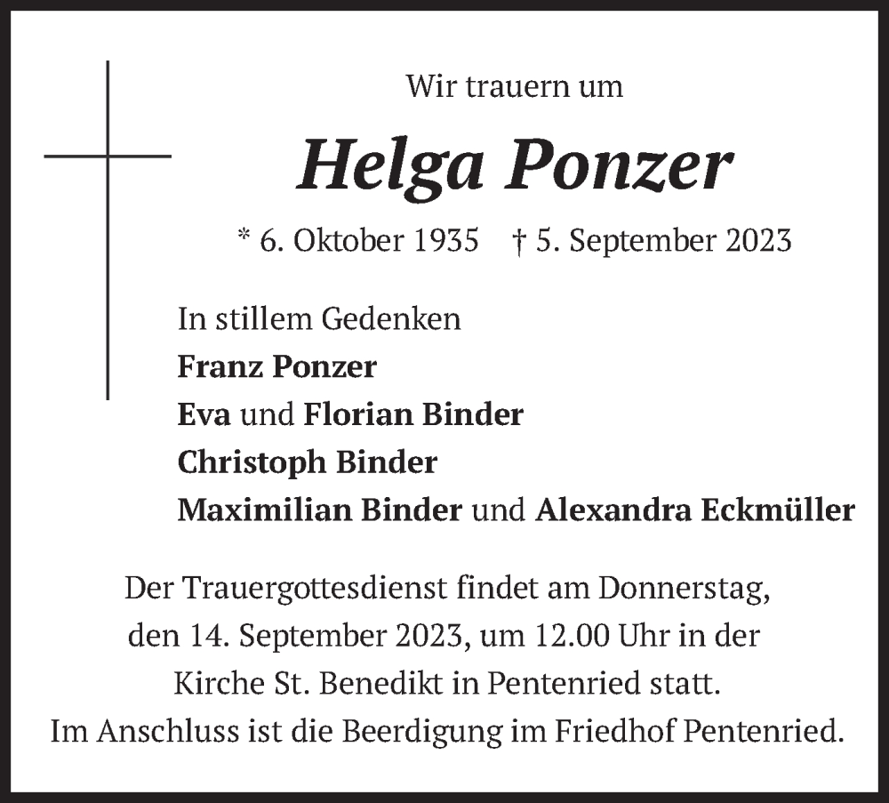Traueranzeigen von Helga Ponzer | trauer.merkur.de