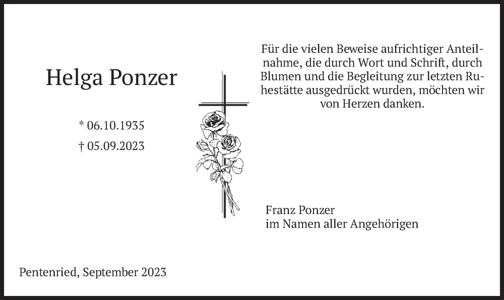 Traueranzeigen von Helga Ponzer | trauer.merkur.de