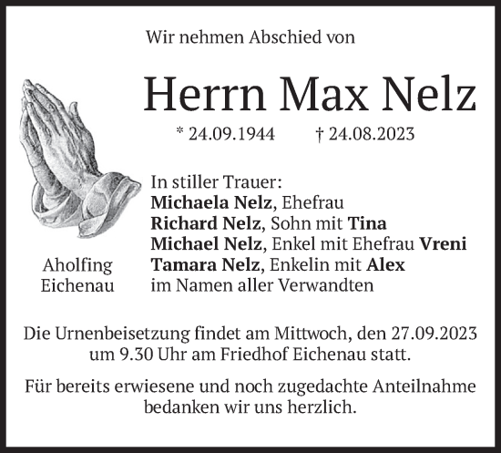 Traueranzeigen von Max Nelz | trauer.merkur.de