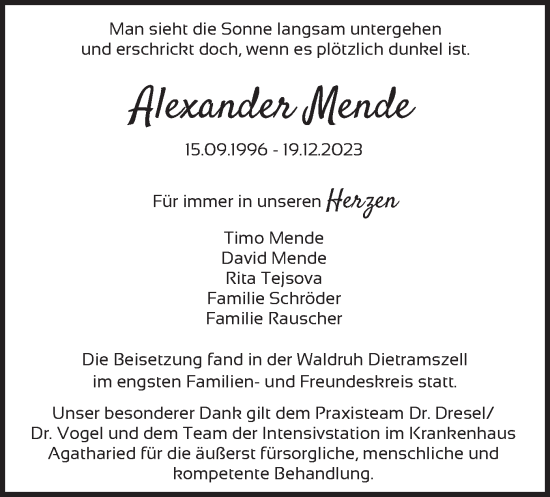Traueranzeigen von Alexander Mende | trauer.merkur.de