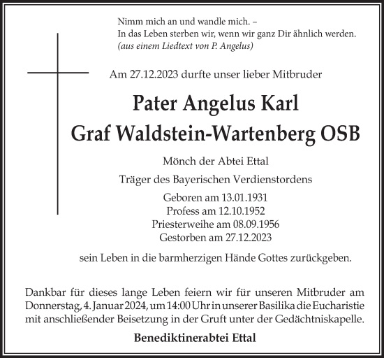 Traueranzeigen von Angelus Karl Graf Waldstein-Wartenberg | trauer ...
