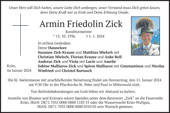 Traueranzeigen von Armin Friedolin Zick | trauer.merkur.de