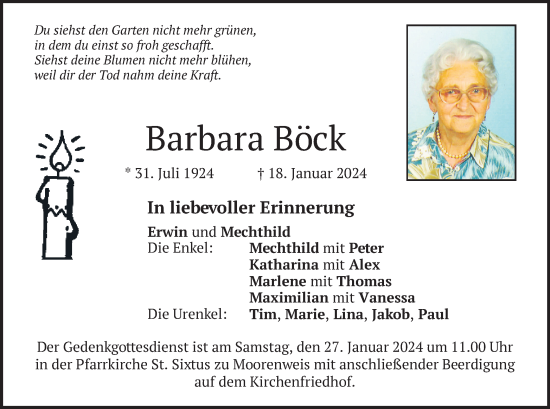 Traueranzeigen von Barbara Böck | trauer.merkur.de