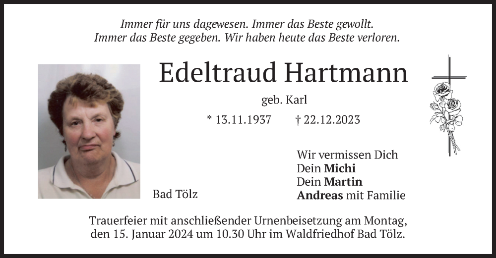 Traueranzeigen von Edeltraud Hartmann | trauer.merkur.de