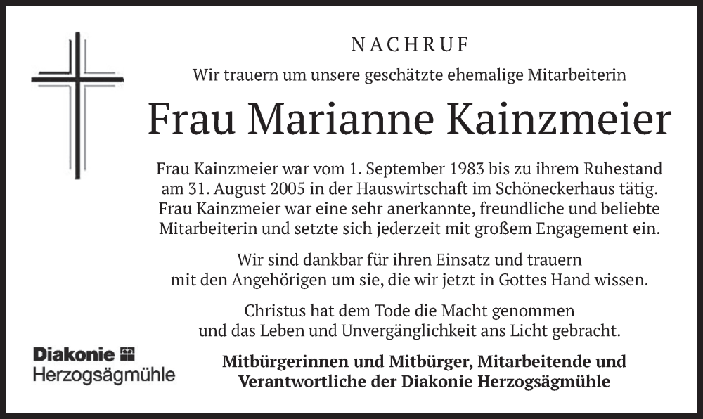 Traueranzeigen von Marianne Kainzmeier | trauer.merkur.de