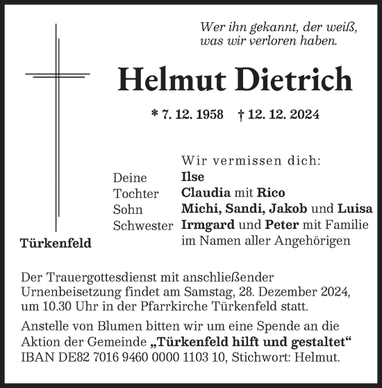 Traueranzeigen von Helmut Dietrich | trauer.merkur.de
