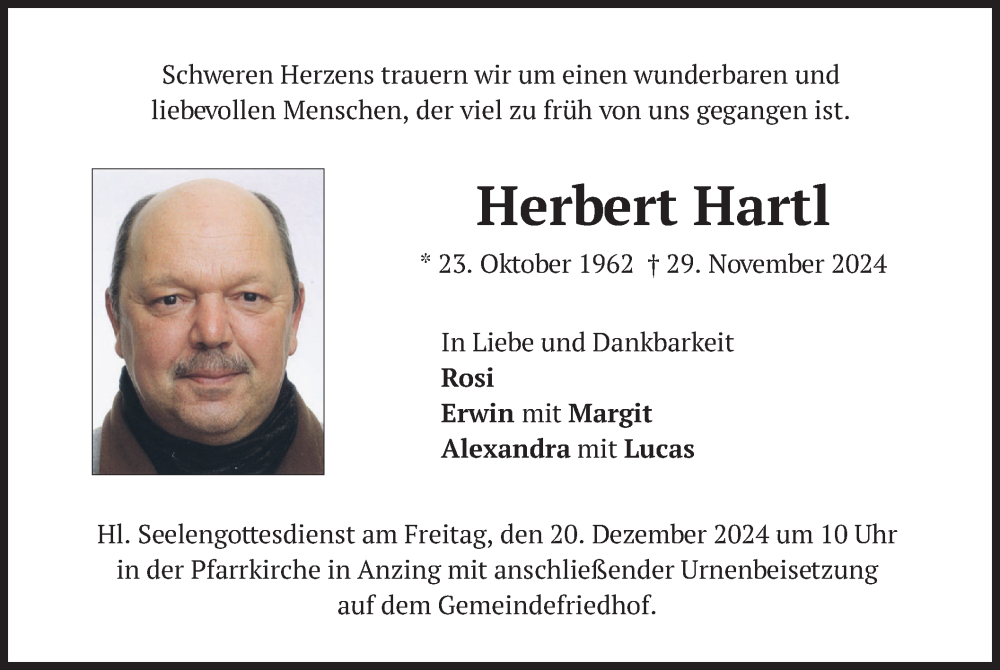 Traueranzeigen von Herbert Hartl | trauer.merkur.de