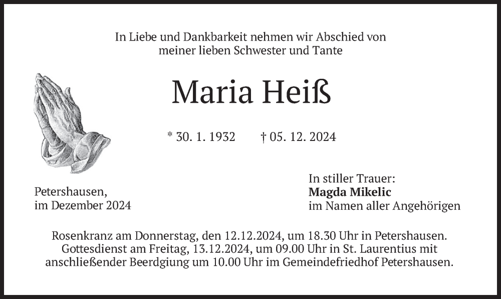 Traueranzeigen von Maria Heiß | trauer.merkur.de