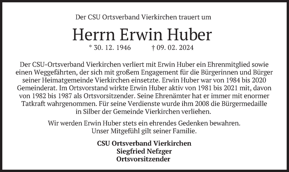Traueranzeigen von Erwin Huber | trauer.merkur.de