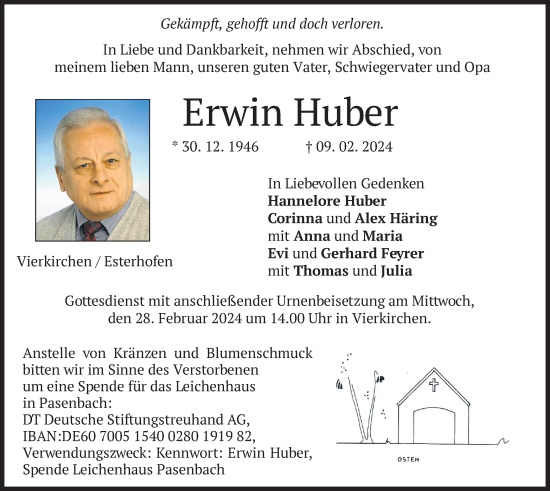 Traueranzeigen von Erwin Huber | trauer.merkur.de