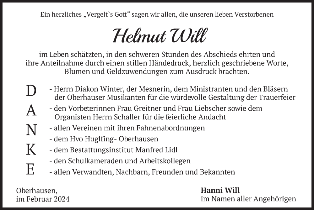 Traueranzeigen von Helmut Will | trauer.merkur.de