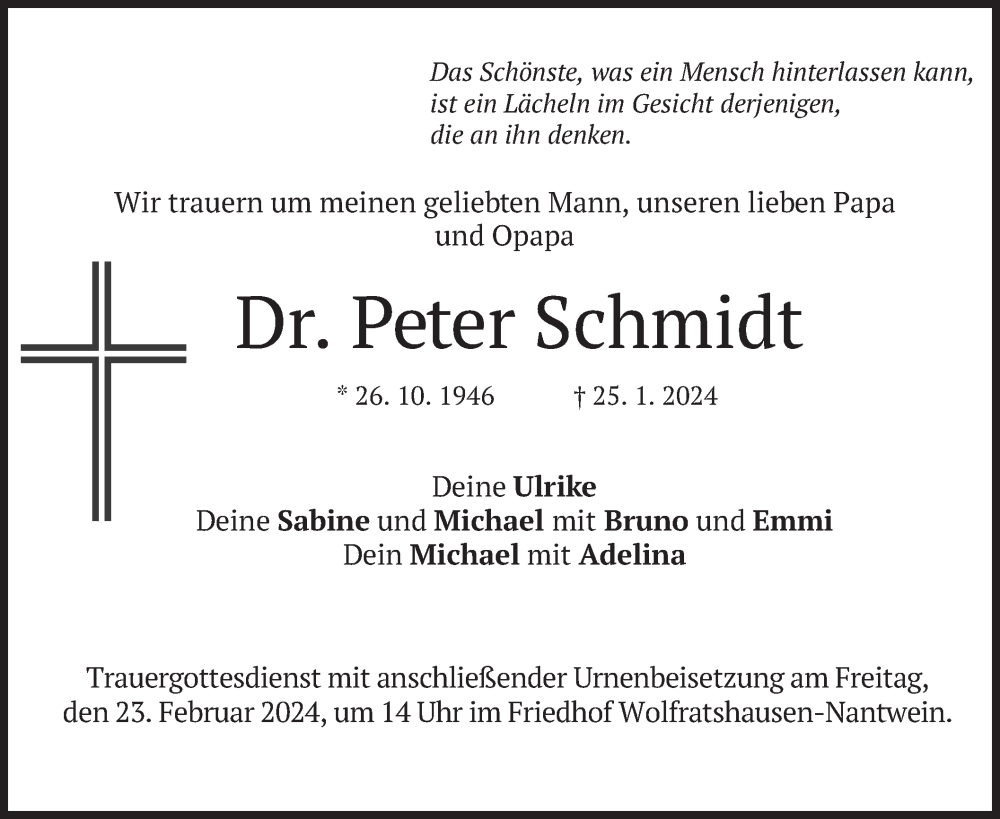 Traueranzeigen von Peter Schmidt | trauer.merkur.de