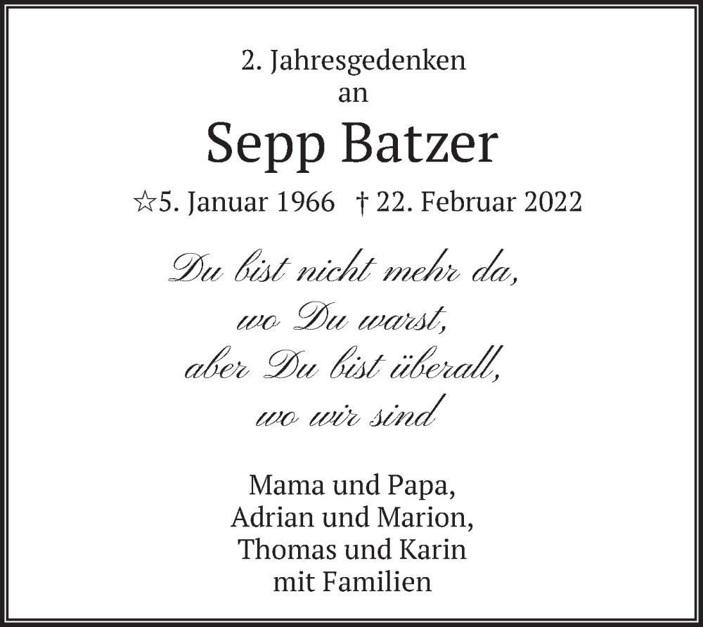 Traueranzeigen von Sepp Batzer | trauer.merkur.de