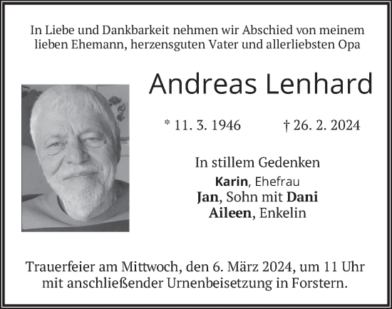 Traueranzeigen von Andreas Lenhard | trauer.merkur.de