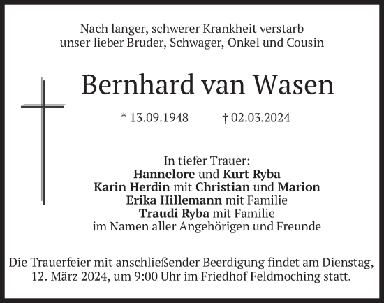 Traueranzeigen von Bernhard van Wasen | trauer.merkur.de