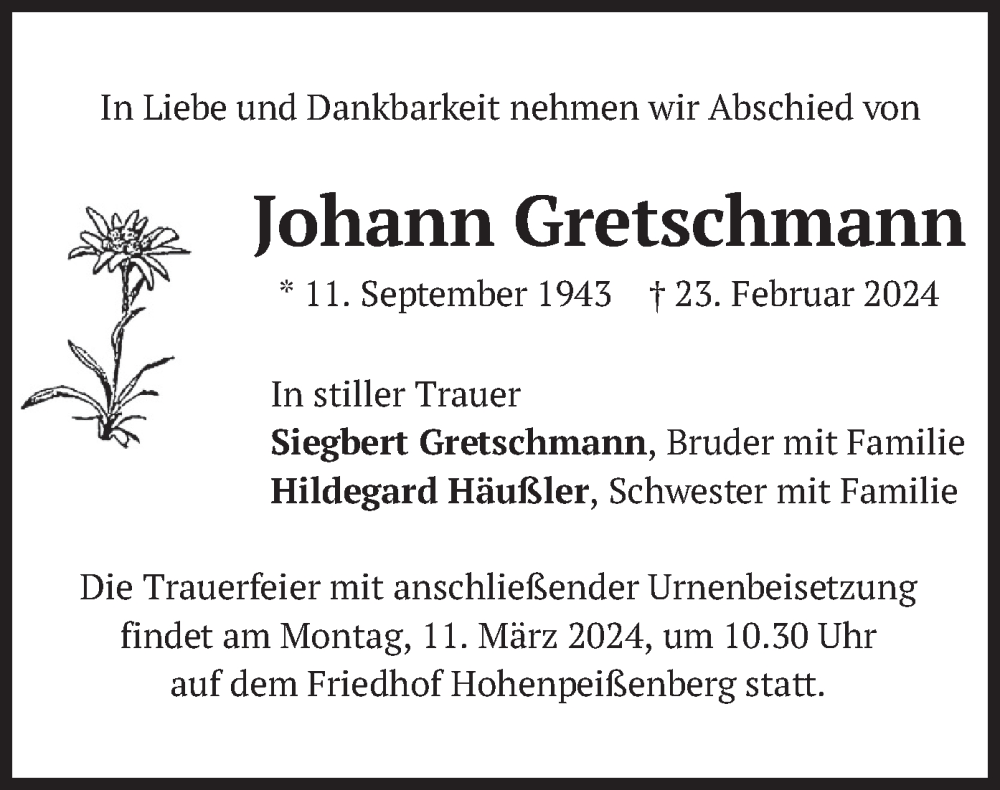 Traueranzeigen von Johann Gretschmann | trauer.merkur.de