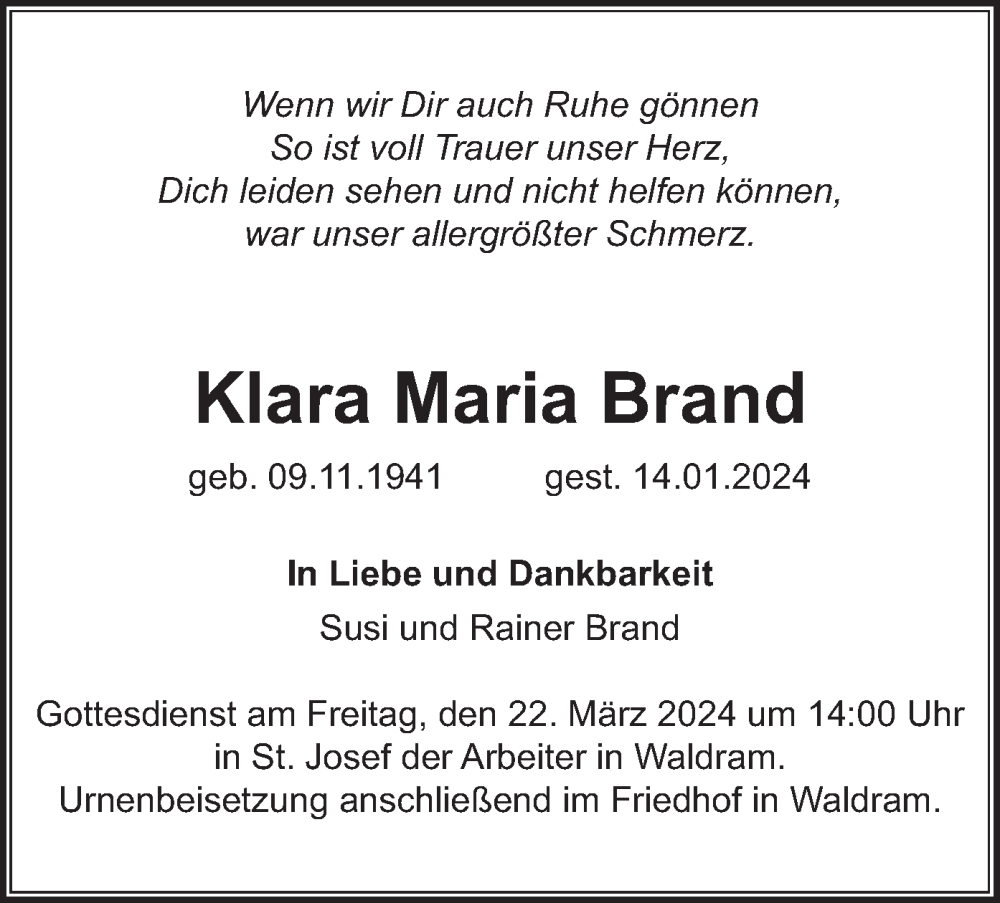 Traueranzeigen von Klara Maria Brand | trauer.merkur.de