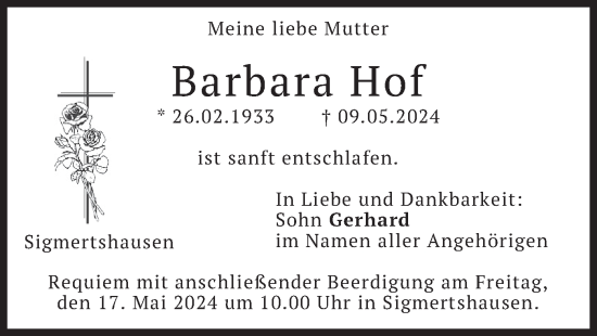 Traueranzeigen von Barbara Hof | trauer.merkur.de