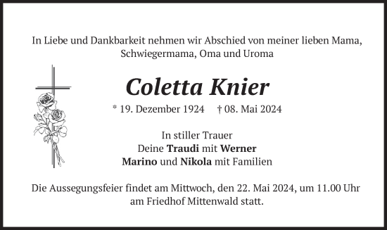 Traueranzeigen von Coletta Knier | trauer.merkur.de