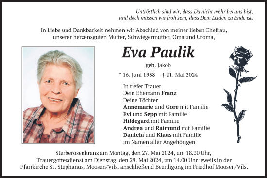 Traueranzeigen von Eva Paulik | trauer.merkur.de