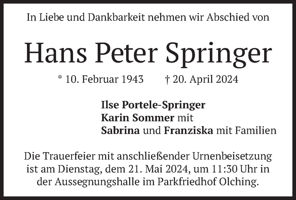 Traueranzeigen von Hans Peter Springer | trauer.merkur.de