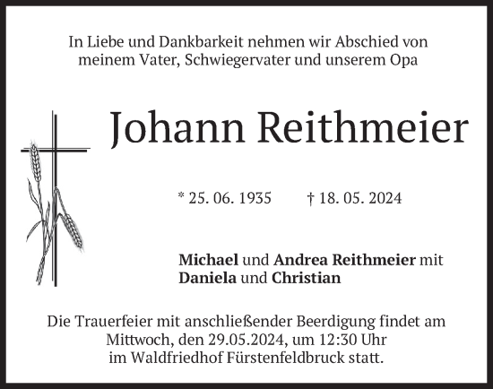 Traueranzeigen von Johann Reithmeier | trauer.merkur.de