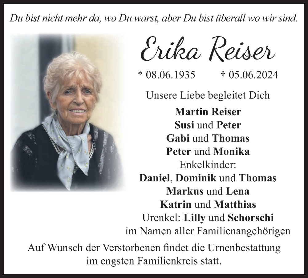 Traueranzeigen von Erika Reiser | trauer.merkur.de