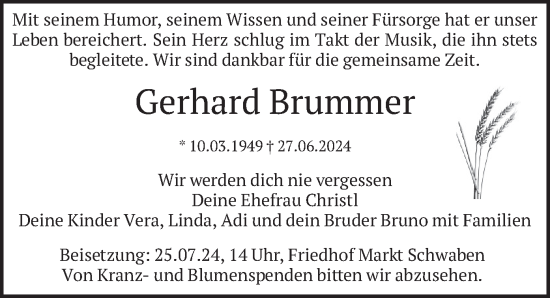 Traueranzeigen von Gerhard Brummer | trauer.merkur.de