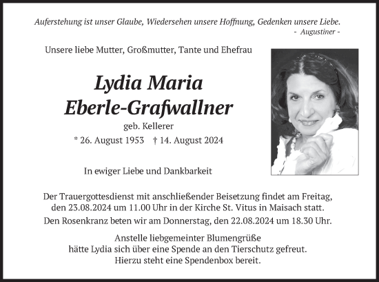 Traueranzeigen von Lydia Maria Eberle-Grafwallner | trauer.merkur.de