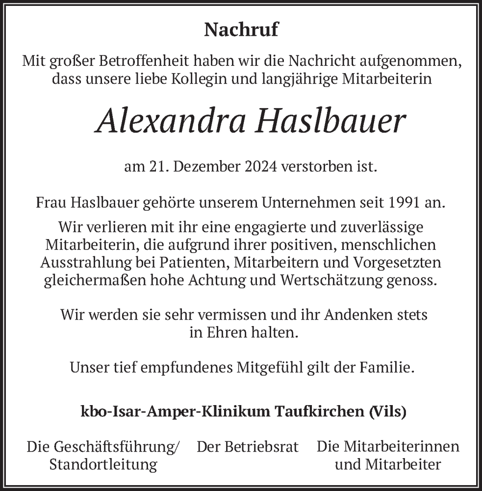 Traueranzeigen von Alexandra Haslbauer | trauer.merkur.de