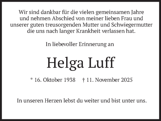 Traueranzeigen von Helga Luff | trauer.merkur.de