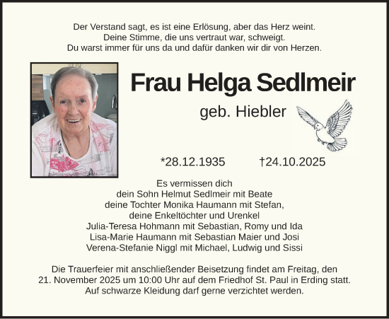 Traueranzeigen von Helga Sedlmeir | trauer.merkur.de