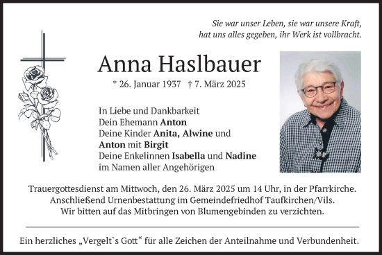 Traueranzeigen von Anna Haslbauer | trauer.merkur.de