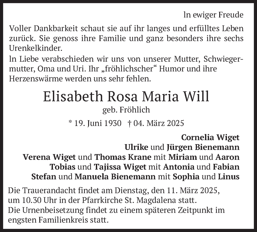 Traueranzeigen von Elisabeth Rosa Maria Will | trauer.merkur.de
