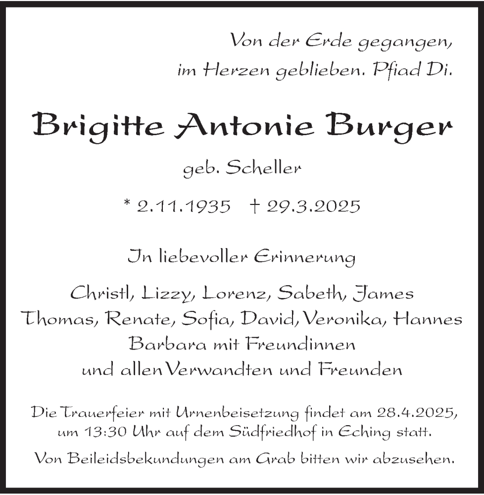 Traueranzeigen von Brigitte Antonie Burger | trauer.merkur.de