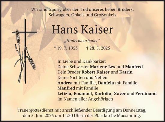 Traueranzeigen von Hans Kaiser | trauer.merkur.de