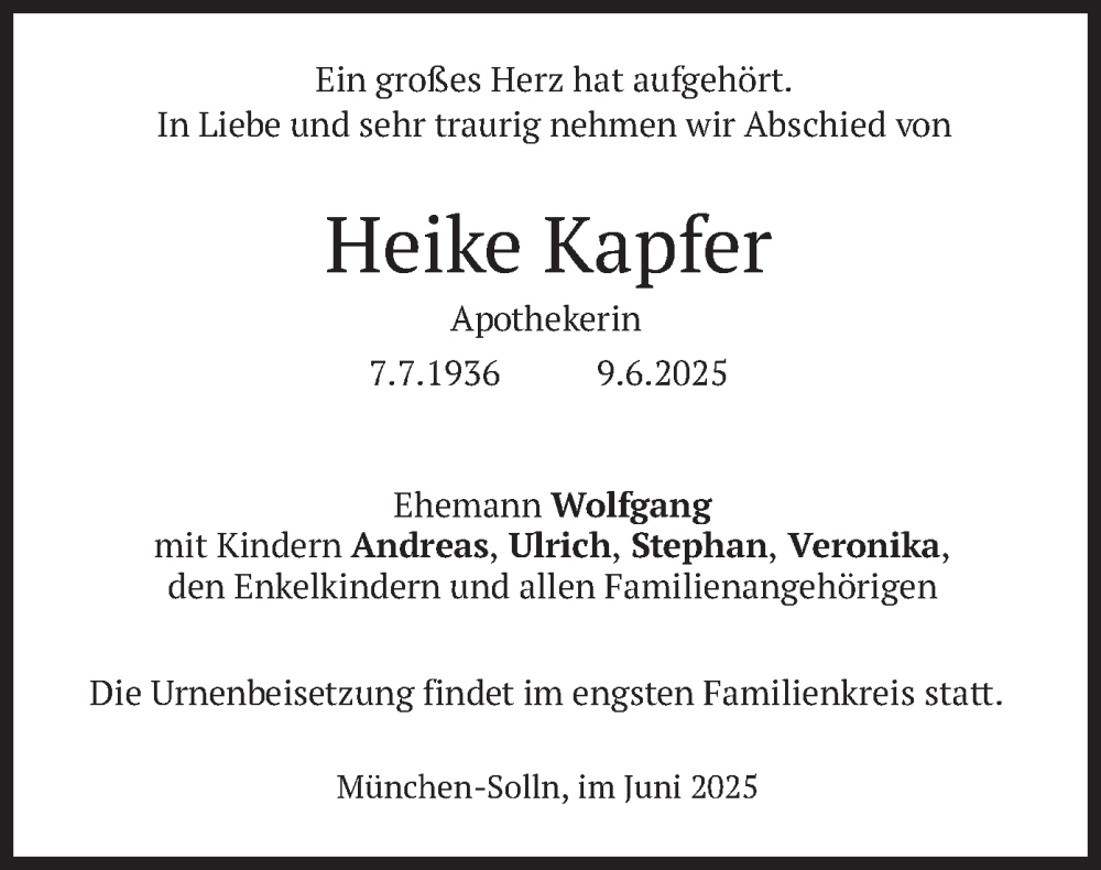 Traueranzeigen von Heike Kapfer | trauer.merkur.de