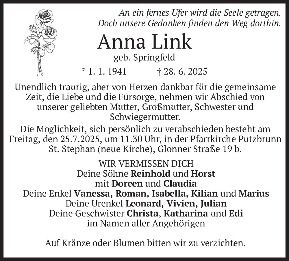 Traueranzeigen von Anna Link | trauer.merkur.de